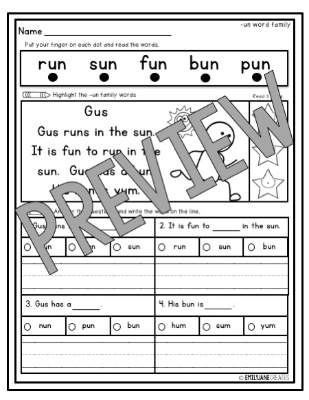 Emily Jane Creates: READING COMPREHENSION PASSAGES-CVC WORD FAMILY WORDS