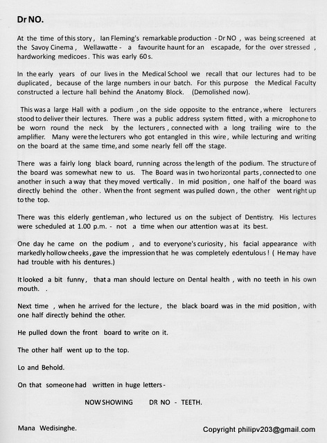 medical batch Colombo1960: Dr.NO, Mana Wedisinghe