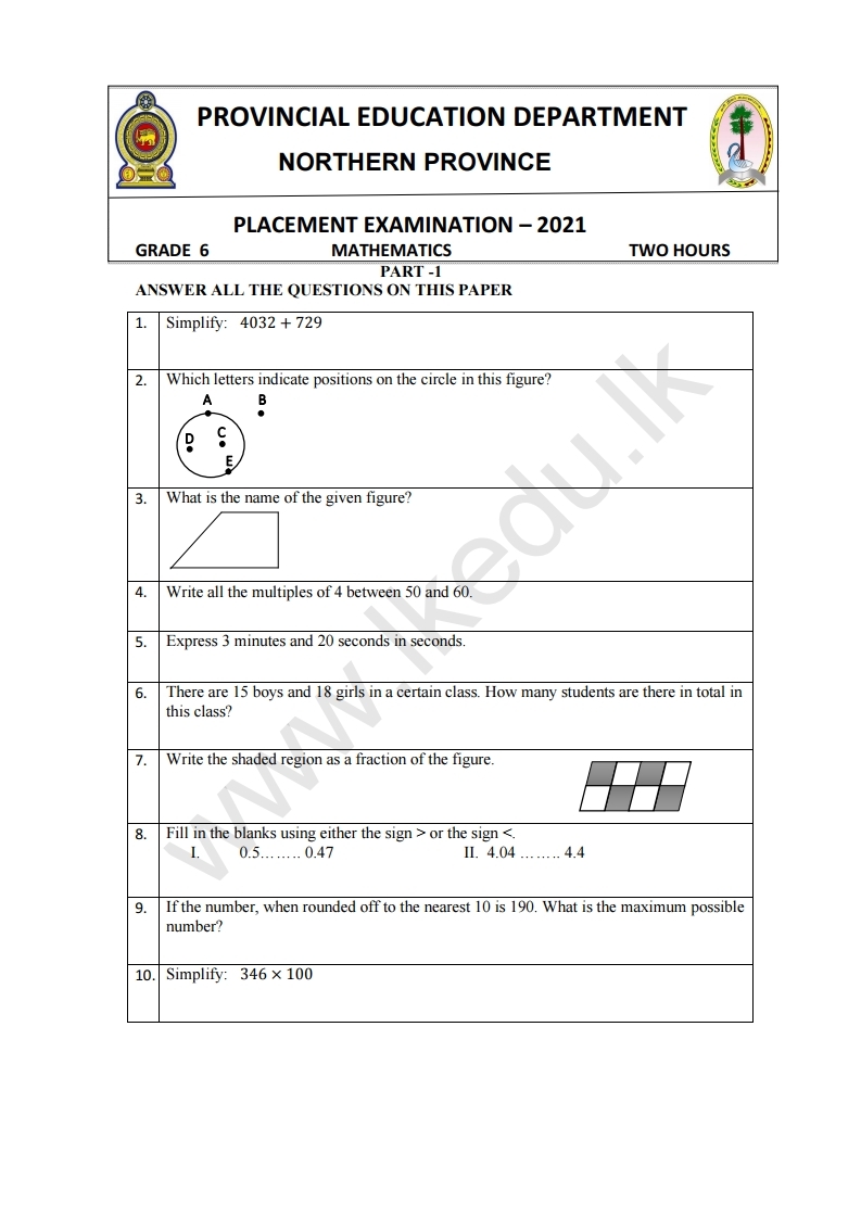 Grade 6 - Maths - Placement Examination - 2021 - Northern Province ...