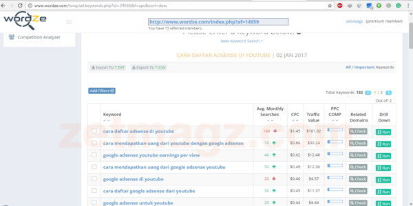 Riset Keyword “kata kunci” Artikel Menggunakan Wordze