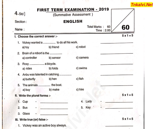 4th Standard - 2019 Quarterly Exam Question Paper (SA 60 Marks ...