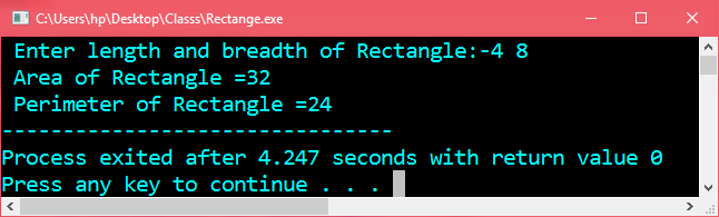 Program in C++ to Calculate area and perimeter of the rectangle Using Class