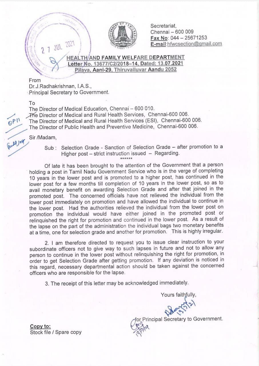 Selection Grade Sanction Of Selection Grade After Promotion To A