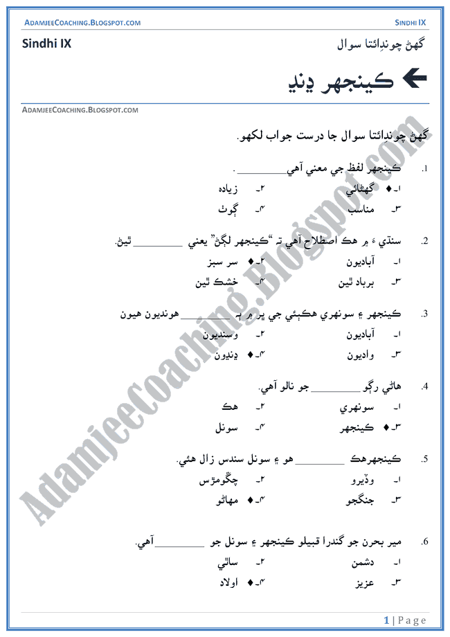 Adamjee Coaching: Keenjhar Jheel - MCQs - Sindhi Notes for Class 9th