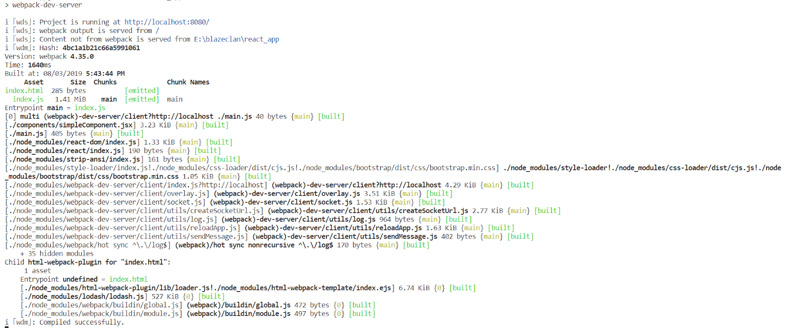 Configuring the React.js 16.8.7 application with WebPack 4.29.6 and Babel 7.4.3