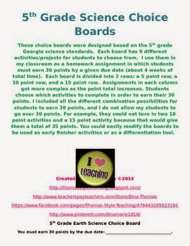 Teach in the Peach: 5th Grade Science Choice Boards