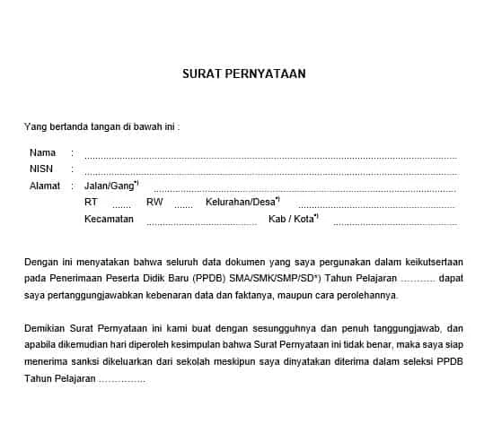 Contoh Surat Pernyataan Kebenaran Dokumen PPDB SMA/SMK/SMP/SD (2021) | FORMAT ADMINISTRASI DESA