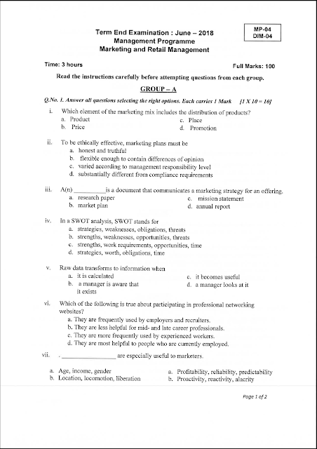 OSPU MP DIM marketing and retail management June 2018 Question Paper ...