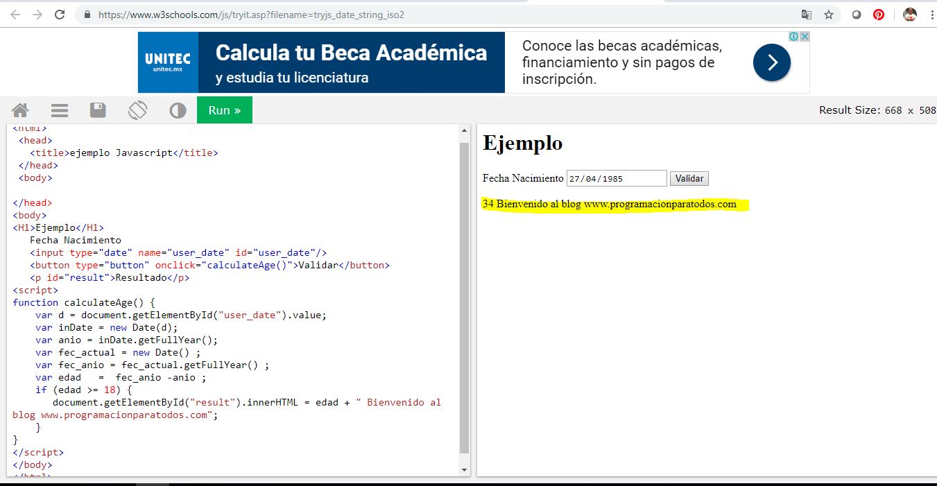 Como Programar en Javascript validar Edad