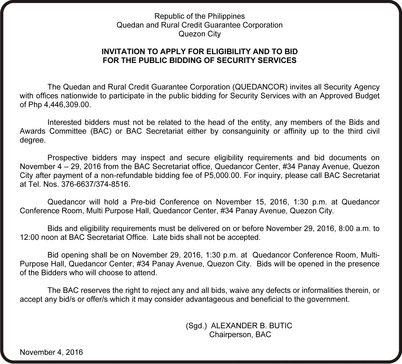 QUEDANCOR: Invitation to Apply for Eligibility to Bid - Security Services