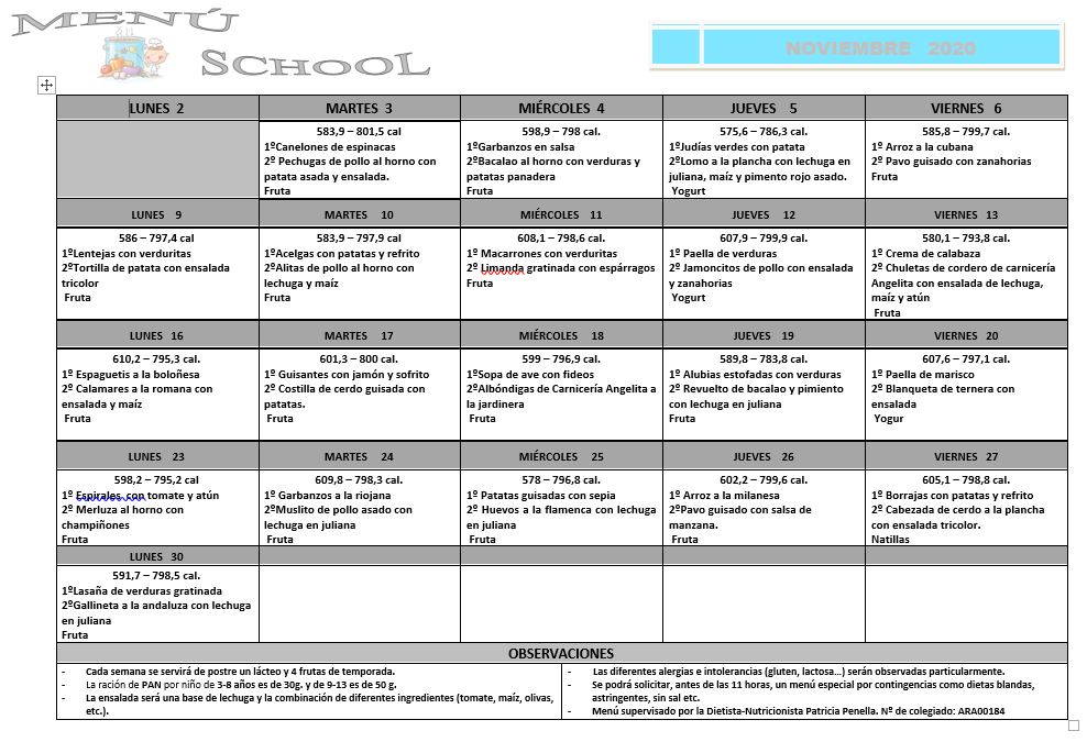 MENÚ ESCOLAR DE NOVIEMBRE