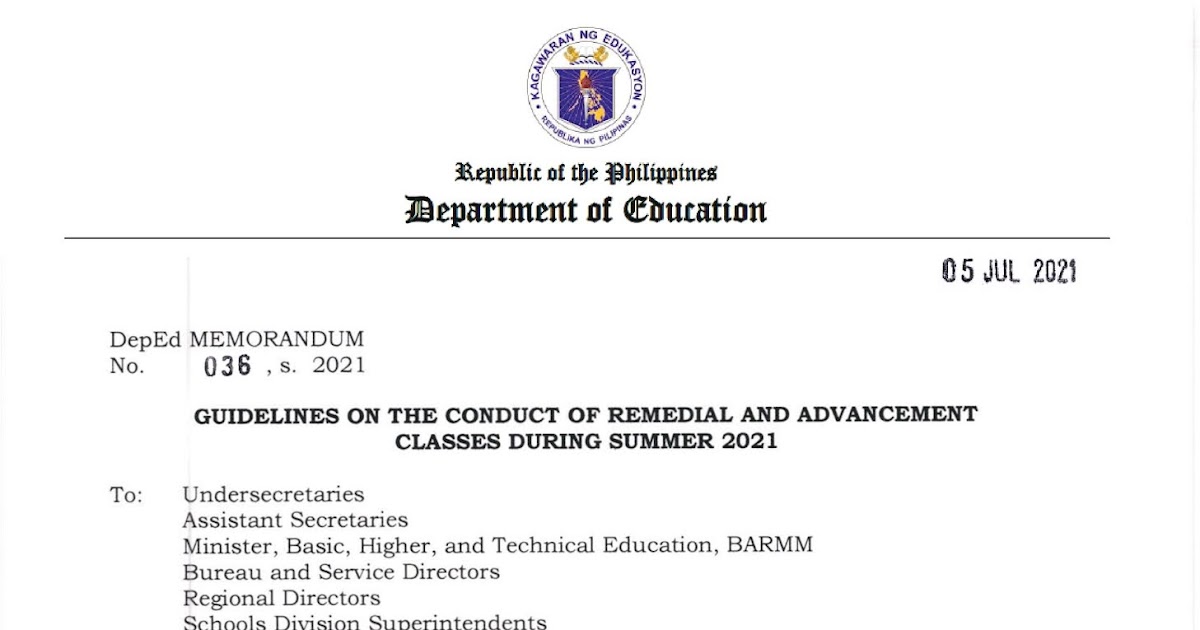 DepEd Memorandum 036, s. 2021: GUIDELINES ON THE CONDUCT OF REMEDIAL ...