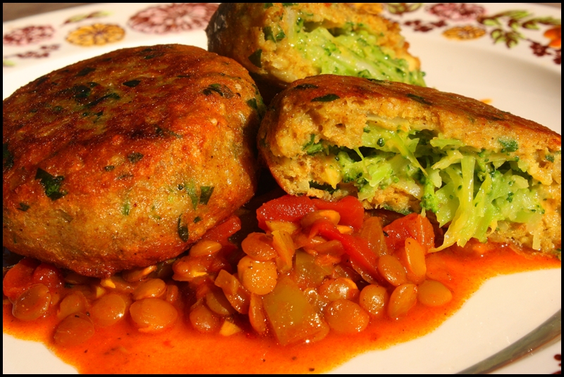 Kibbet Batata with Broccoli Cheddar Hashwa and Lentil Salsah