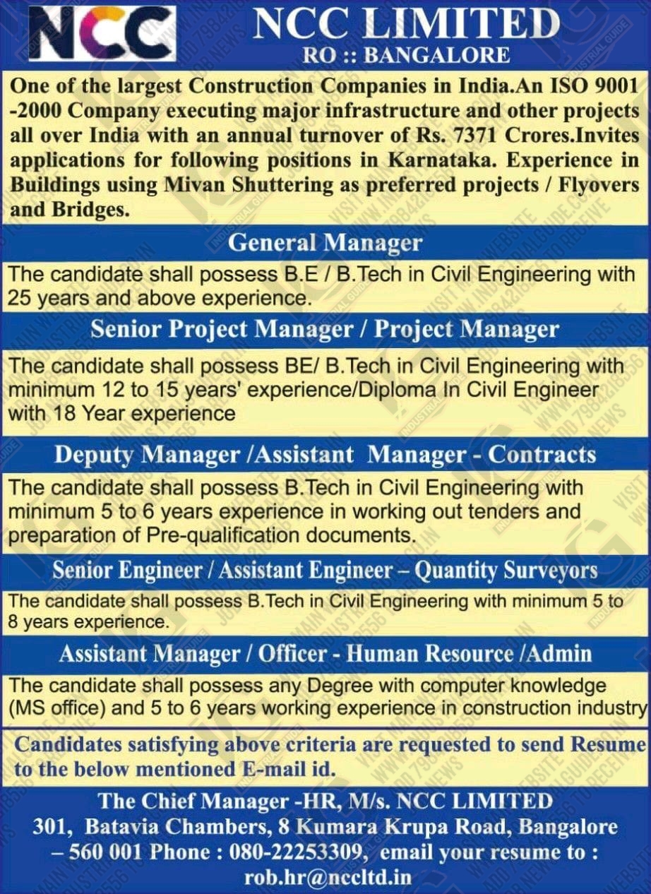 NCC Limited jobs for HR Admin General Manager Project Manager Assistant ...