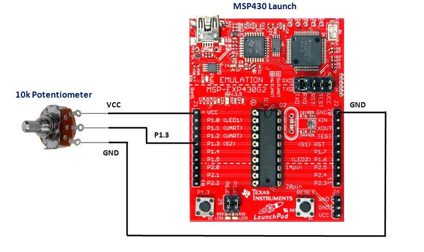 msp430g2553 | msp430 | Potentiometer interfacing with MSP430 Launchpad ...