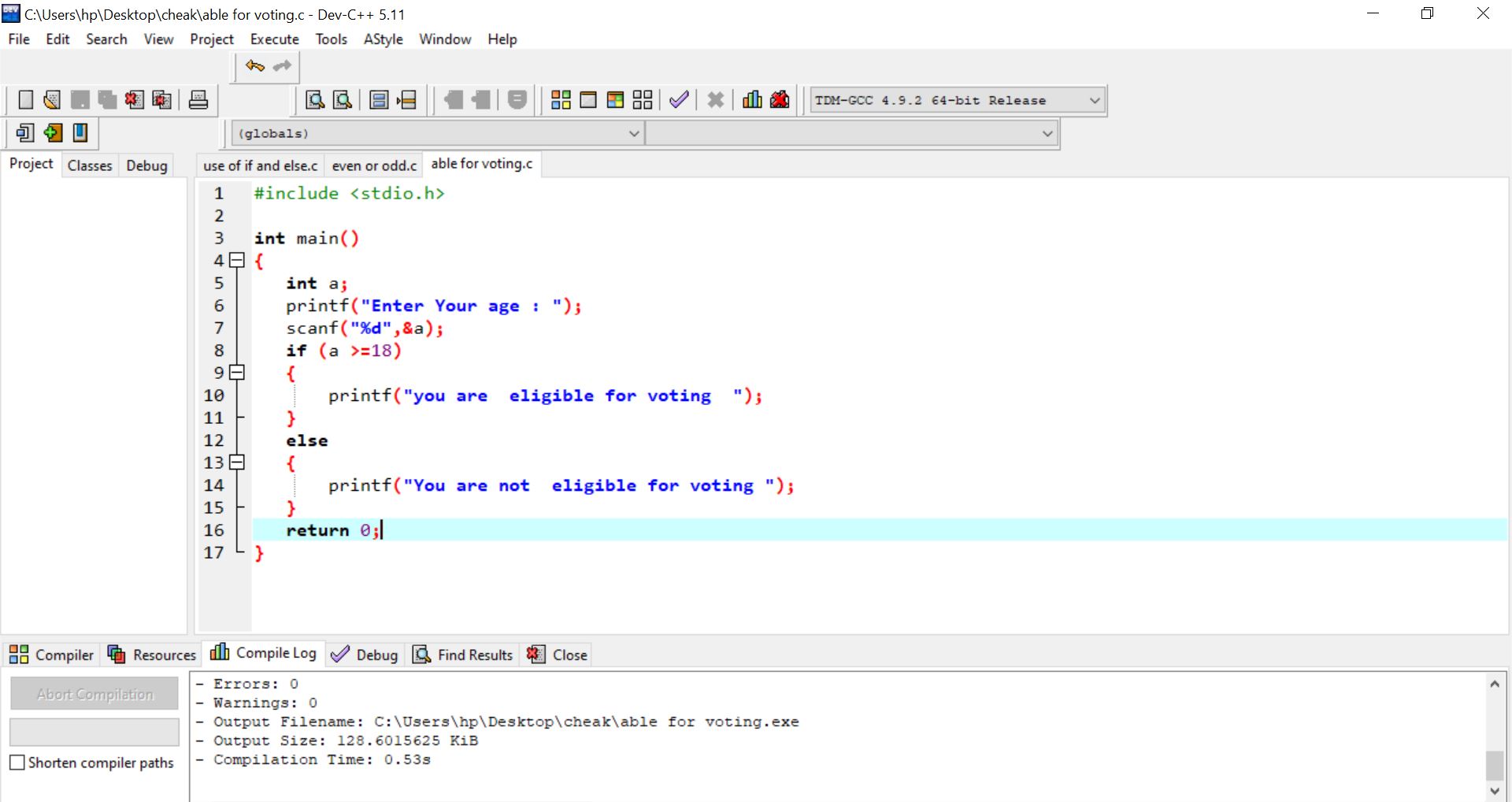 Write a C program to check whether a person is eligible for voting or not?