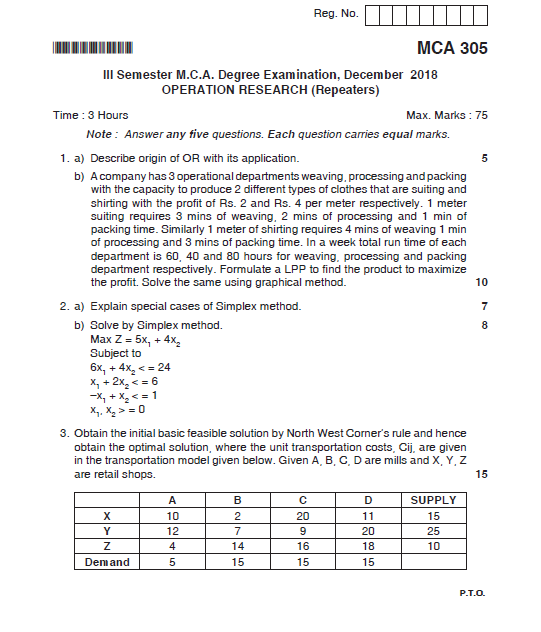 Mangalore University M.C.A. Third Semester MCA 305 : OPERATION RESEARCH (Repeater) , December ...