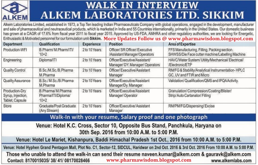 ALKEM LABORATORIES LTD - Walk-In Interview for Production / QC / QA ...