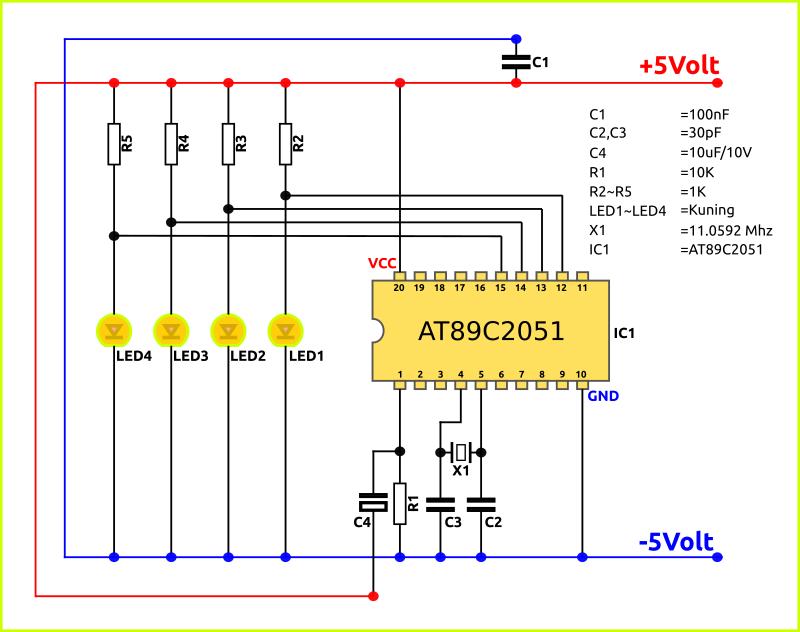 Flip-flop empat lampu LED dengan IC AT89C2051 source code 8051 SDCC ...