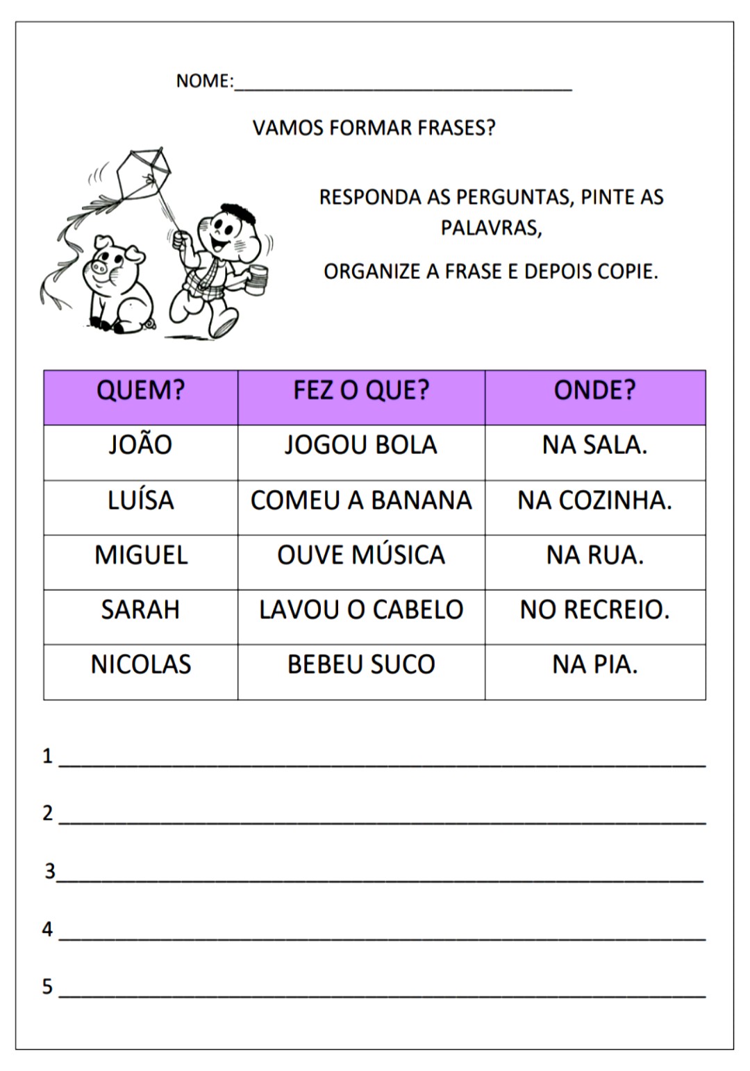 Frases Formando frases com a Turma da Mônica... ~ Atividades para Jardim