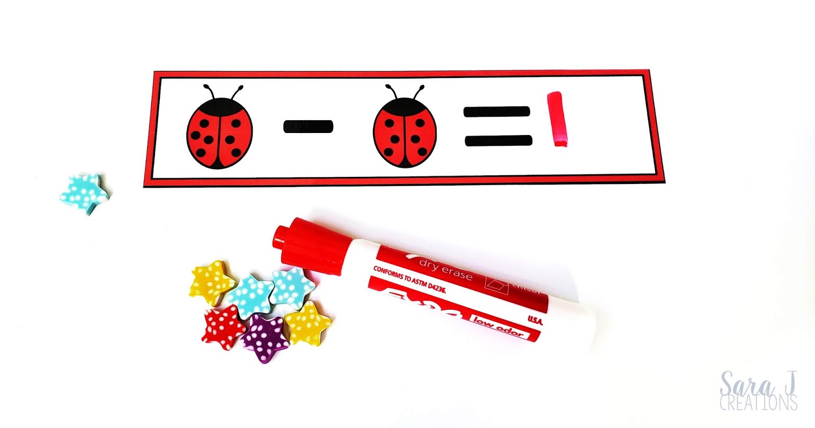 Ladybug Subtraction Write and Wipe Cards | Sara J Creations