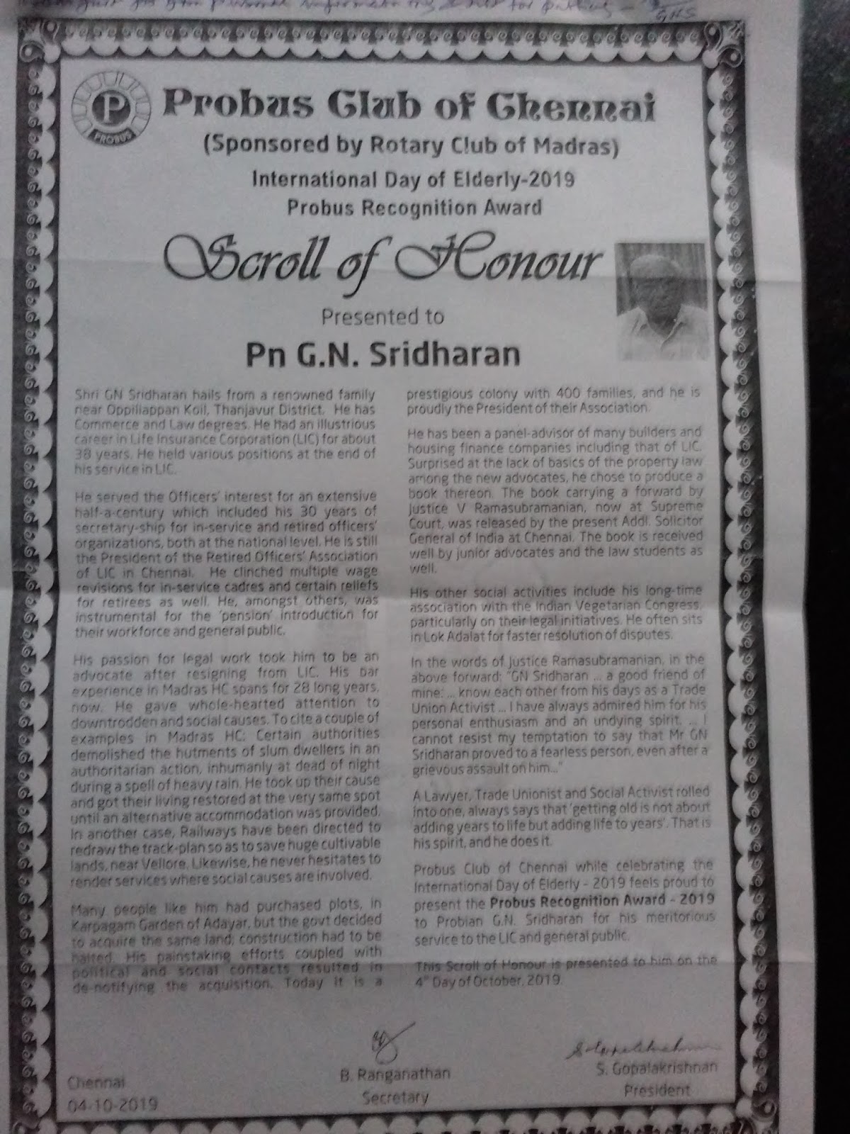 Scroll of Honour by PROBAS GLAB OF CHENNAI to Pn.G.N.Sridharan, our ...