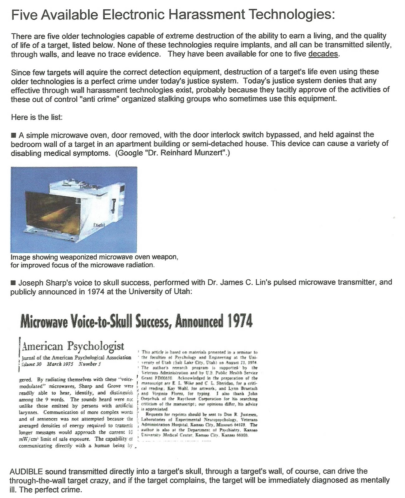 ORGANISED STALKING, REMOTE ELECTRONIC ASSAULTS: DIRECTED ENERGY WEAPONS