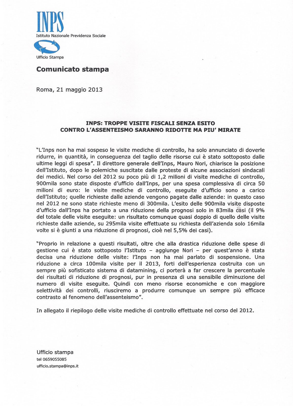 FIMMG SETTORE INPS: COMUNICATO STAMPA INPS