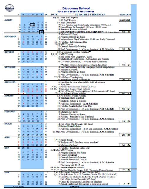 First Grade: School Calendar 2018-2019