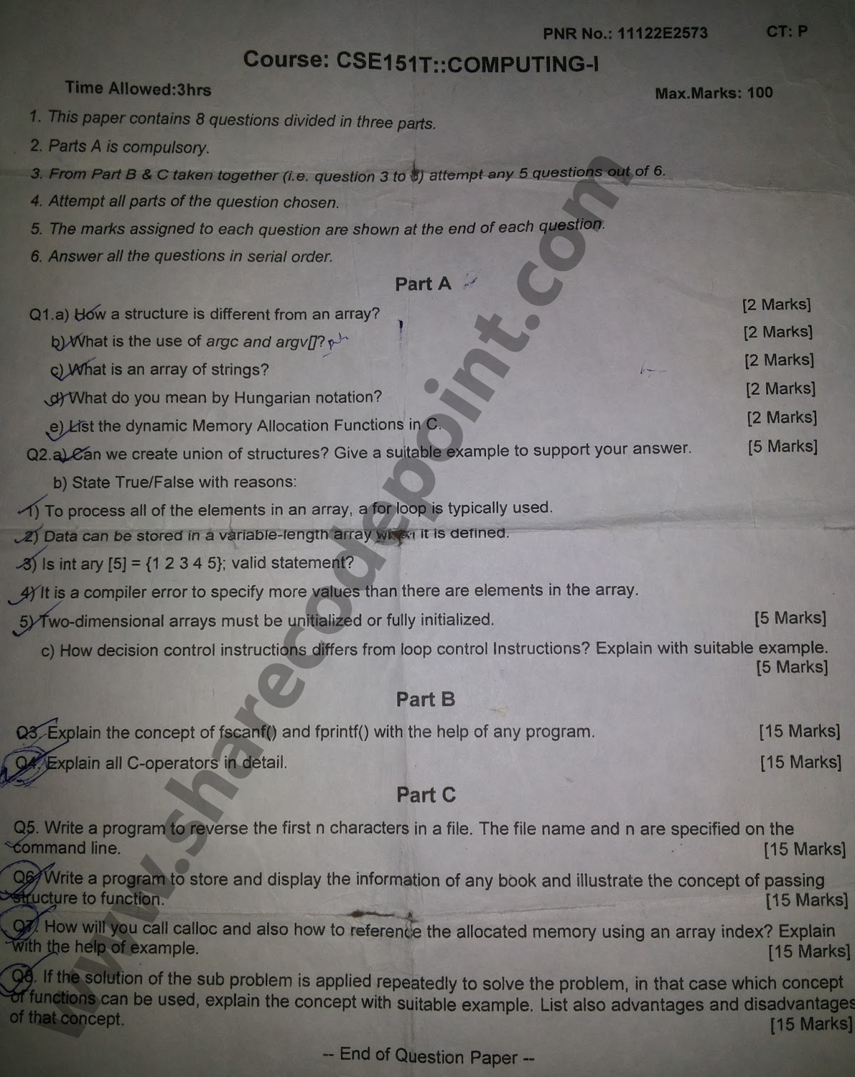 CSE151 : Computing - I End Term Exam Question Paper - CSE 151T, CSE 151 ...