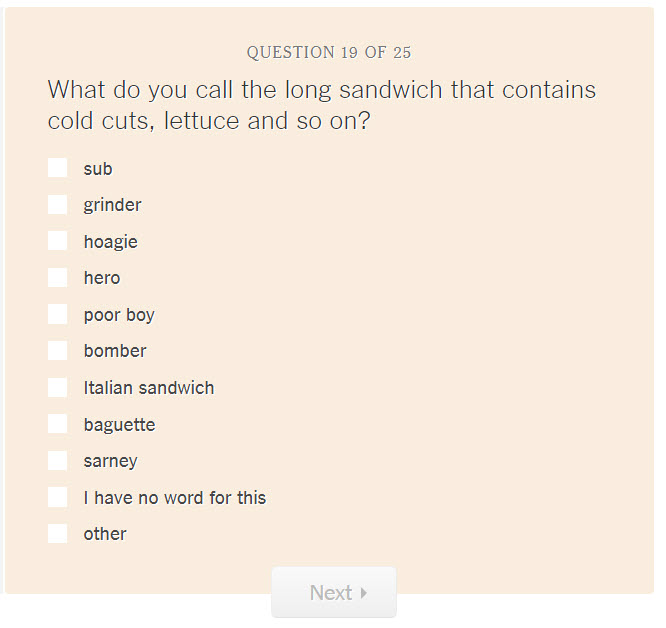NYT American dialect quiz as an example of validity and reliability.