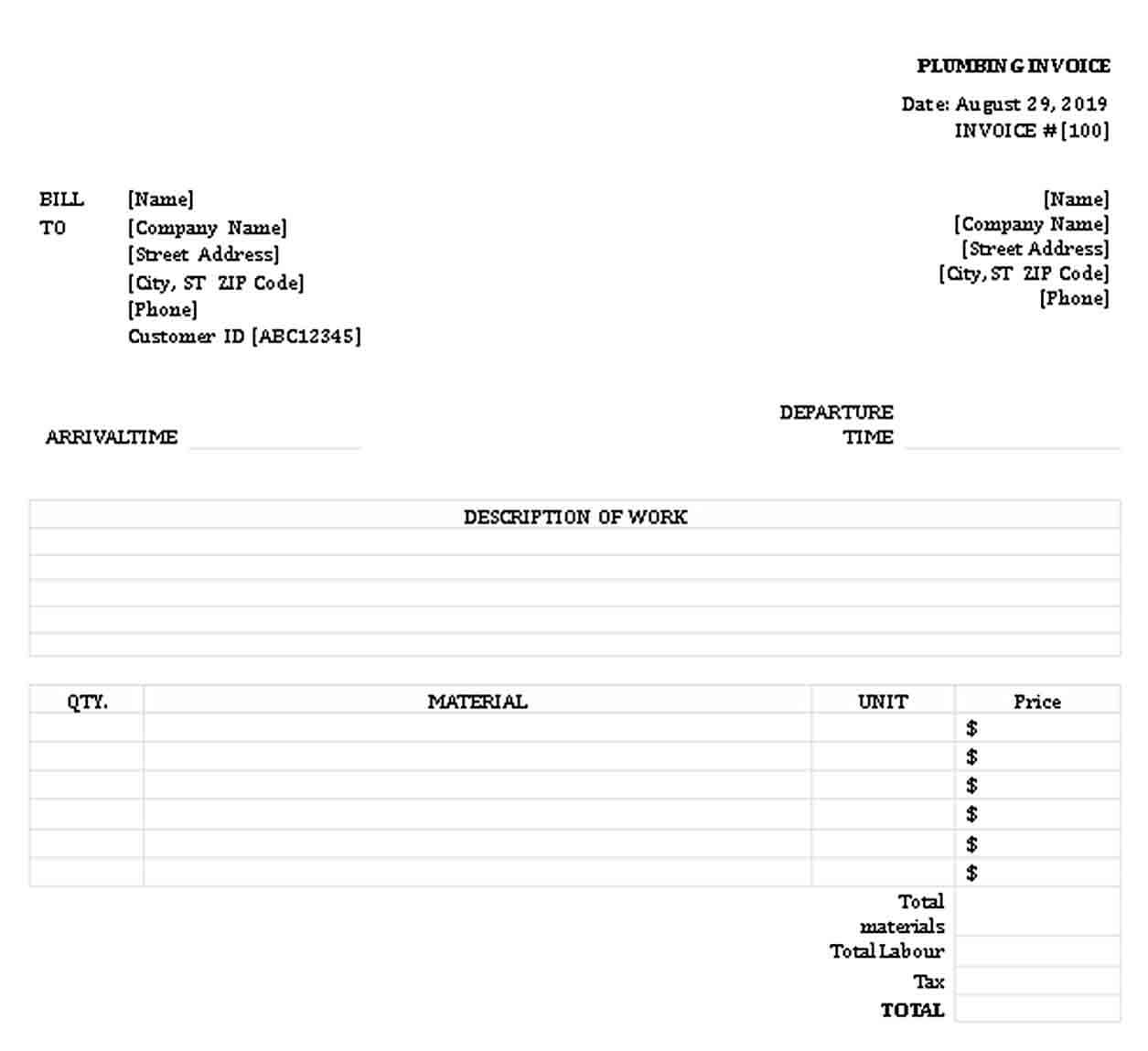 Plumbing Receipt Sample - Invoice Template