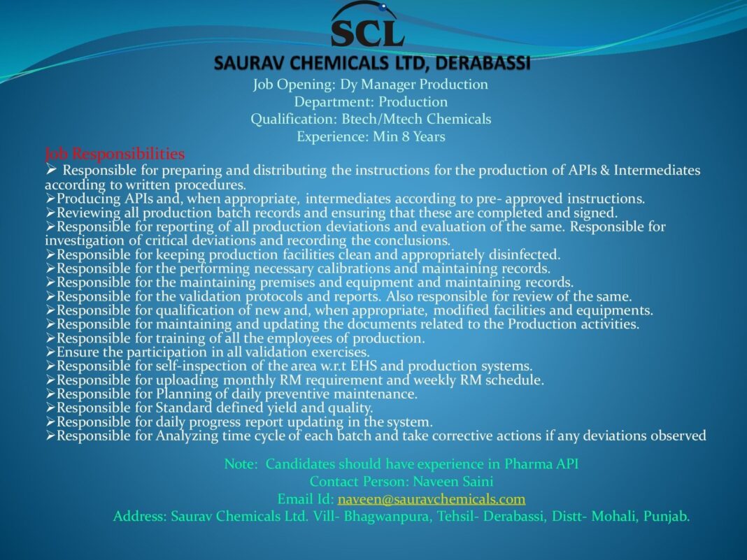 Saurav Chemicals Limited -Urgent Opening for Dy Manager Production Dept ...