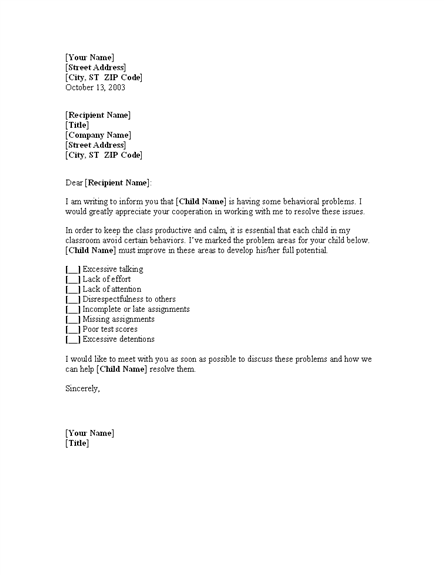Behavior Letter To Parents From Teacher Template ~ Resume Letter