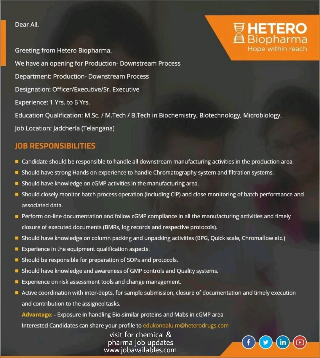 Hetero Biopharma Job Opening For Msc/ M.Tech/B.Tech(Biochemistry ...