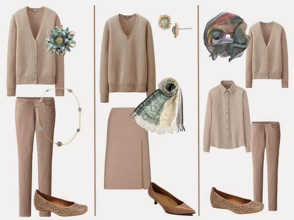 Beige Outfits with Accessories in Celadon Green, Brown and Light Blue ...