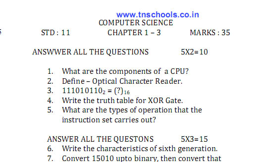 11th Std Computer Science Chapter 1 3 Model Question Paper Free Download