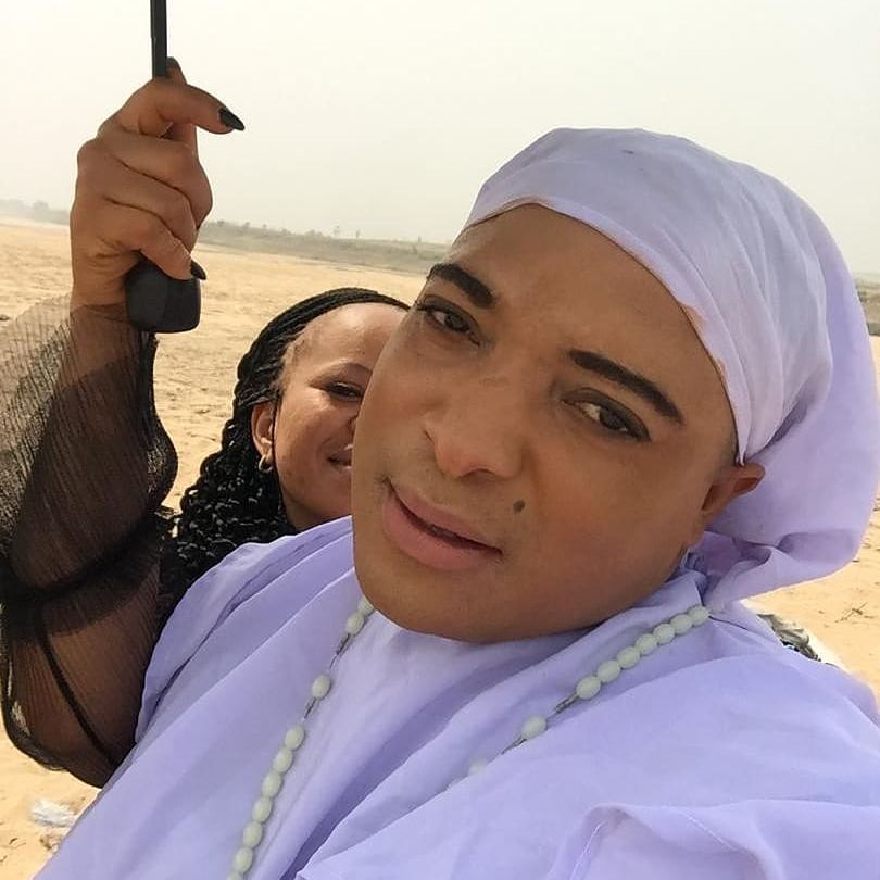 Collins Ejike dressed as a woman - Rev Sister on set of Sinful Cross