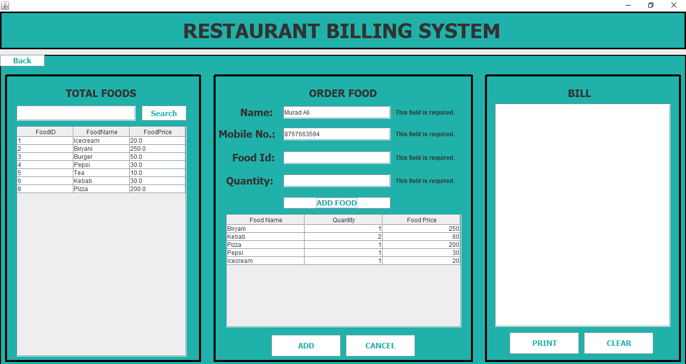 Restaurant Billing System Project Using Java And Mysql