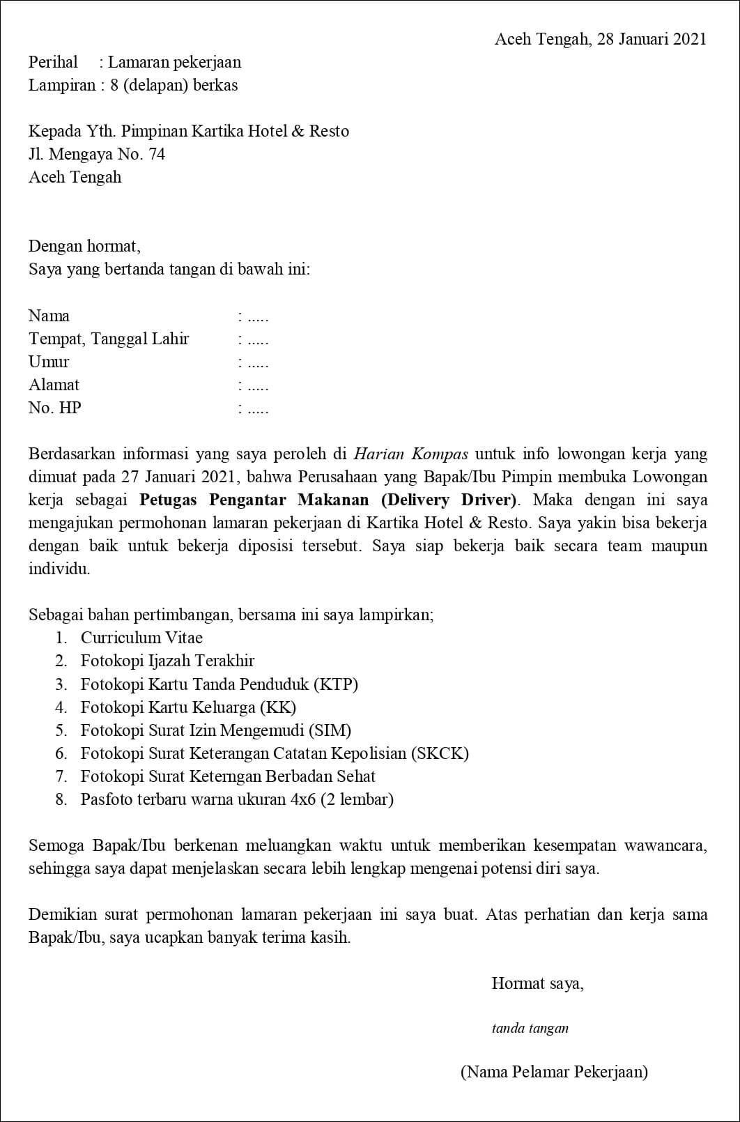 Contoh Surat Lamaran Kerja Untuk Petugas Pengantar Makanan (Delivery ...