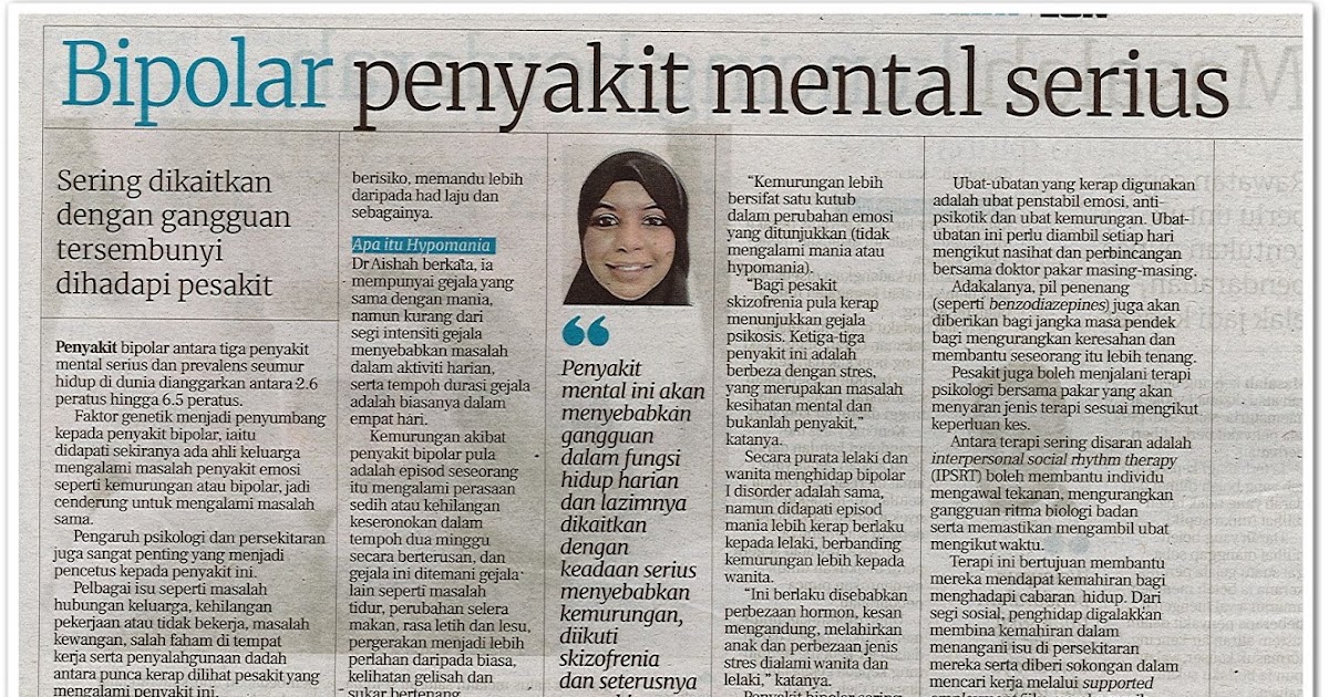 Bipolar penyakit mental serius - Keratan akhbar Berita Harian 29 Mei ...