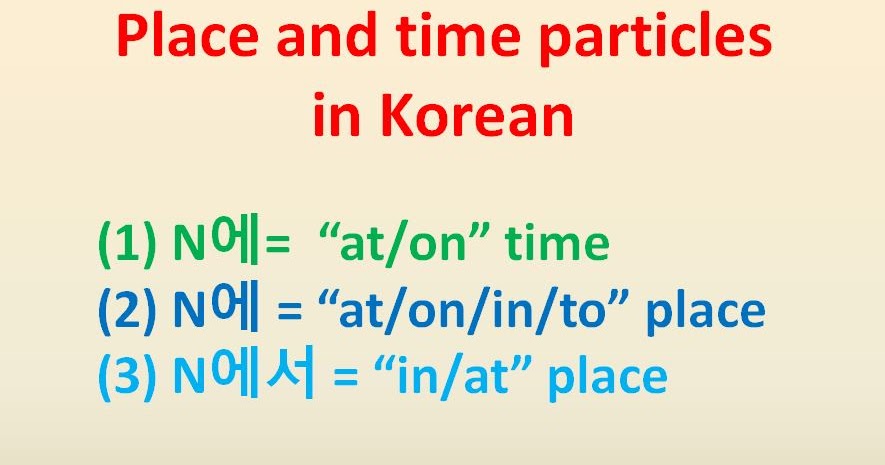 N에, N에서 time & place particles in Korean = at/on (time), in/on/at/to ...