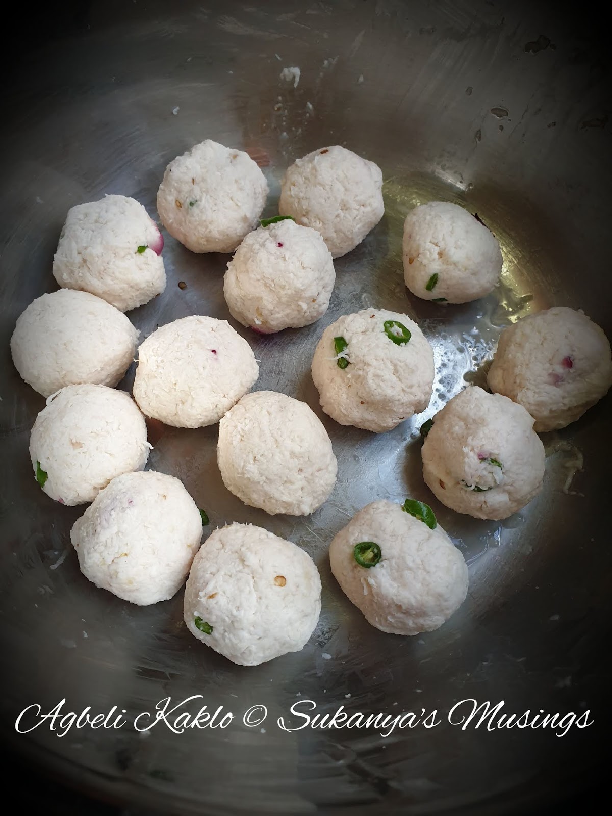In a bowl, add the dried cassava, onion, green chilies chopped and salt ...