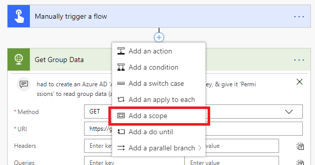Microsoft Flow - Add a 'Scope' To a Flow to Group Actions Together