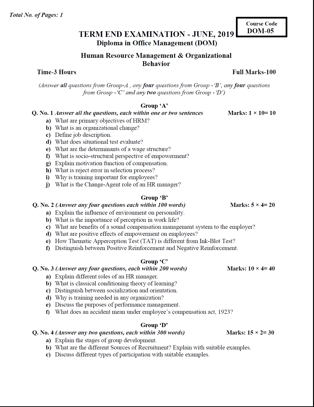 OSPU DOM Human Resource Management & Organizational Behavior June 2019 ...