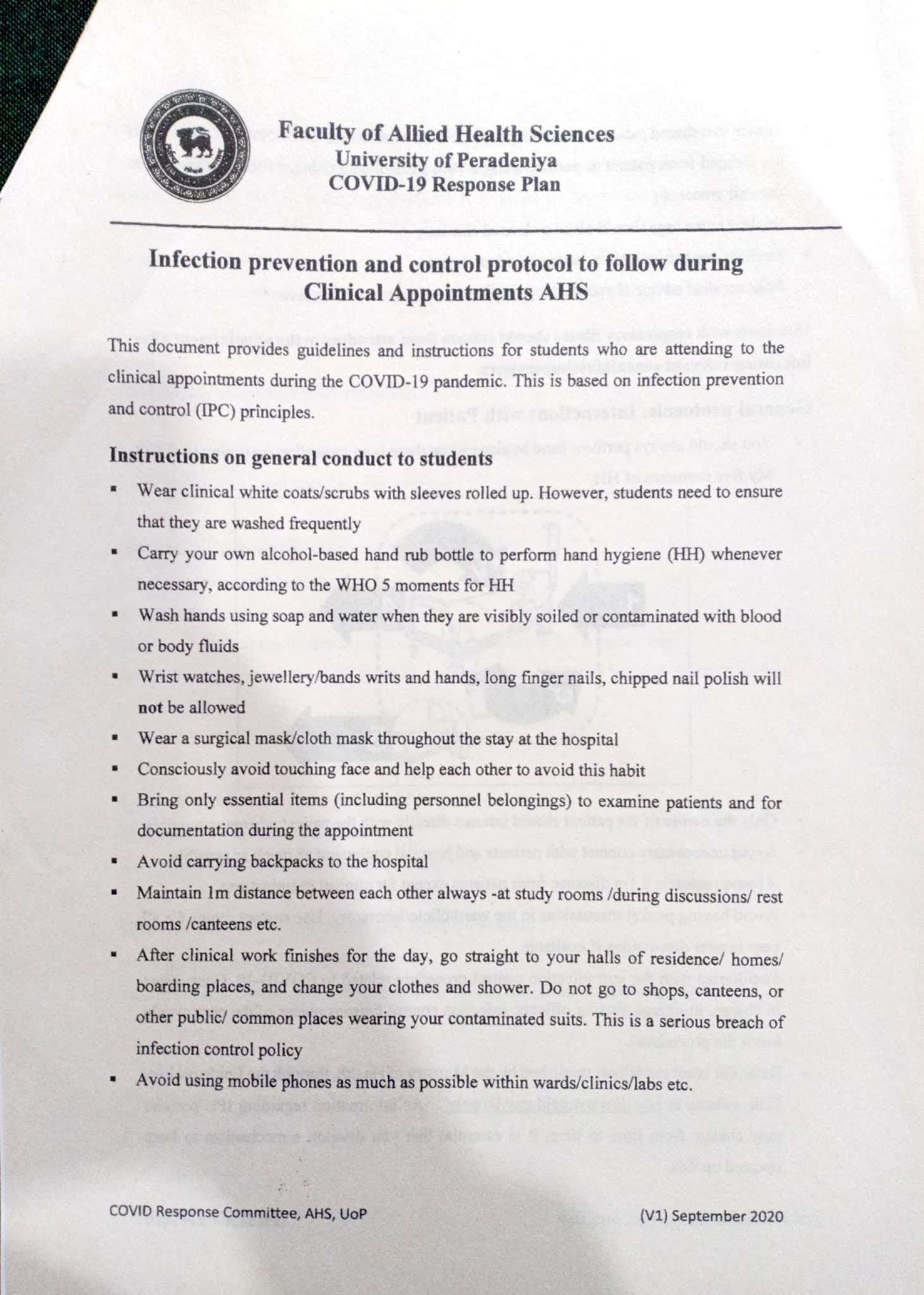 Infection Prevention and Control Protocol to follow during Clinical ...