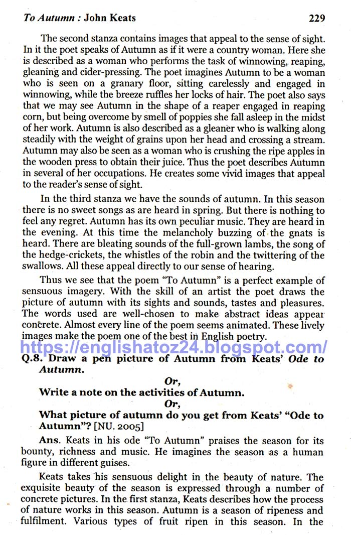 Board Questions with Answers (To Autumn – John Keats) - English Grammar ...