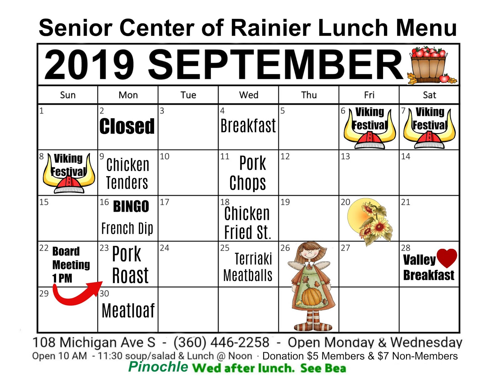 Senior Center of Rainier News: September 2019 Lunch Menu