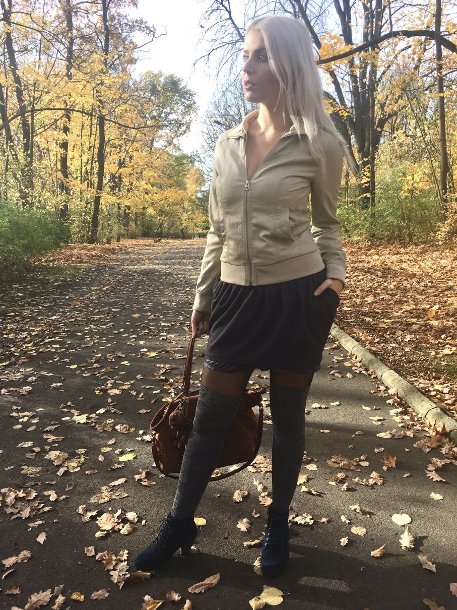 Stylish Blonde: TULIP skirt, grey bodysuit with interesting cleavage ...