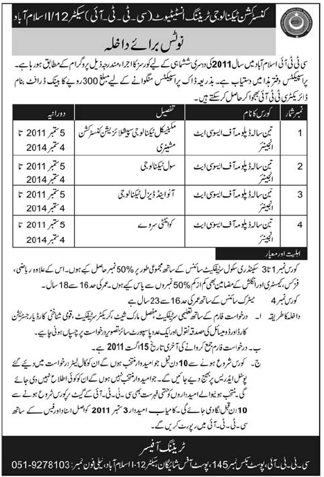 Admission in Pakistan: Construction Technology Training Institute Islamabad